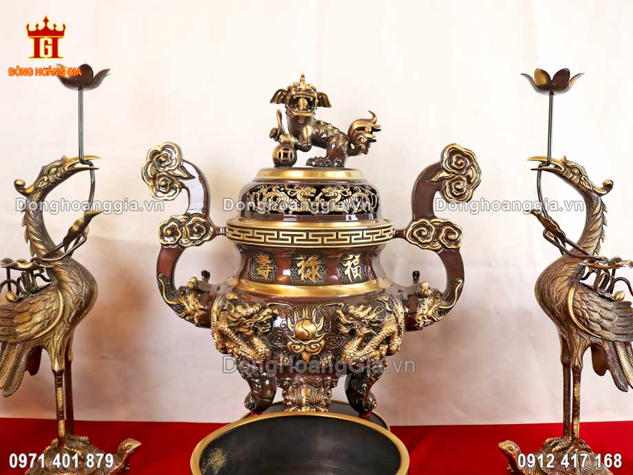 Bộ Ngũ Sự Thờ Cúng Bằng Đồng Hun Giả Cổ Cao 50Cm - SP1492